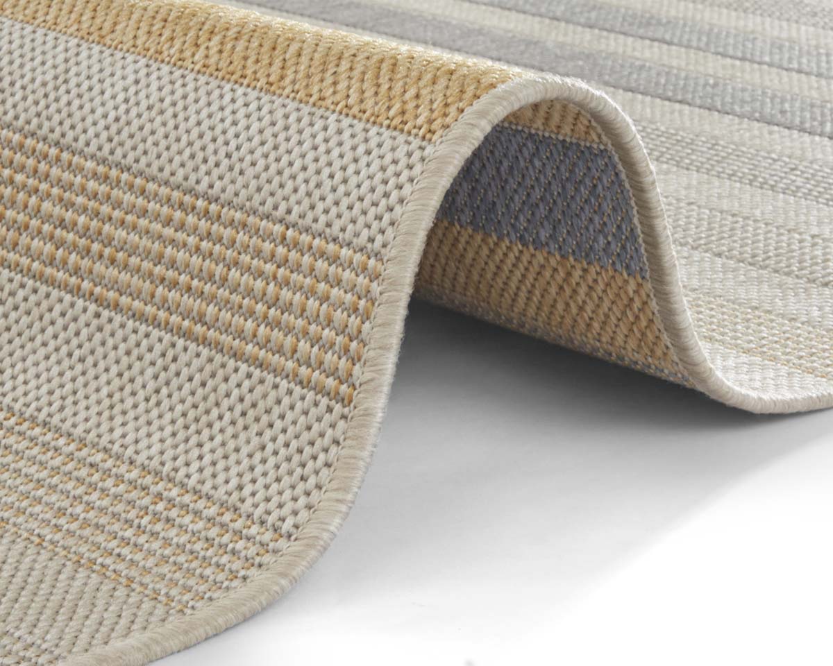 Binnen & buiten vloerkleed strepen Paros - blauw/goud | Tapeso