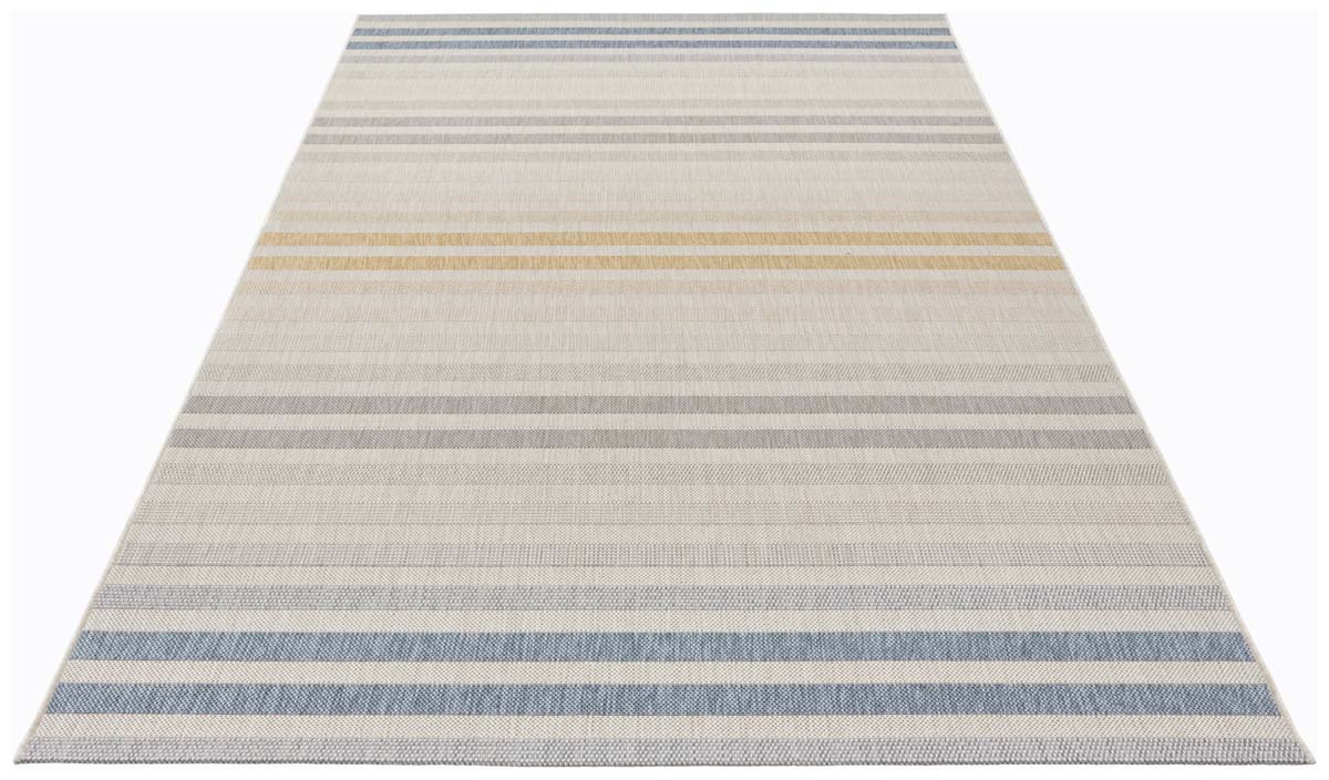 Binnen & buiten vloerkleed strepen Paros - blauw/goud | Tapeso